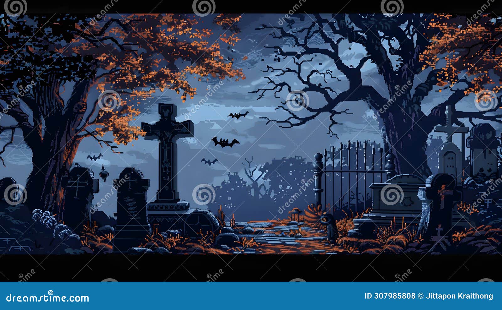 Eerie Pixel Art Graveyard at Twilight Stock Illustration - Illustration ...