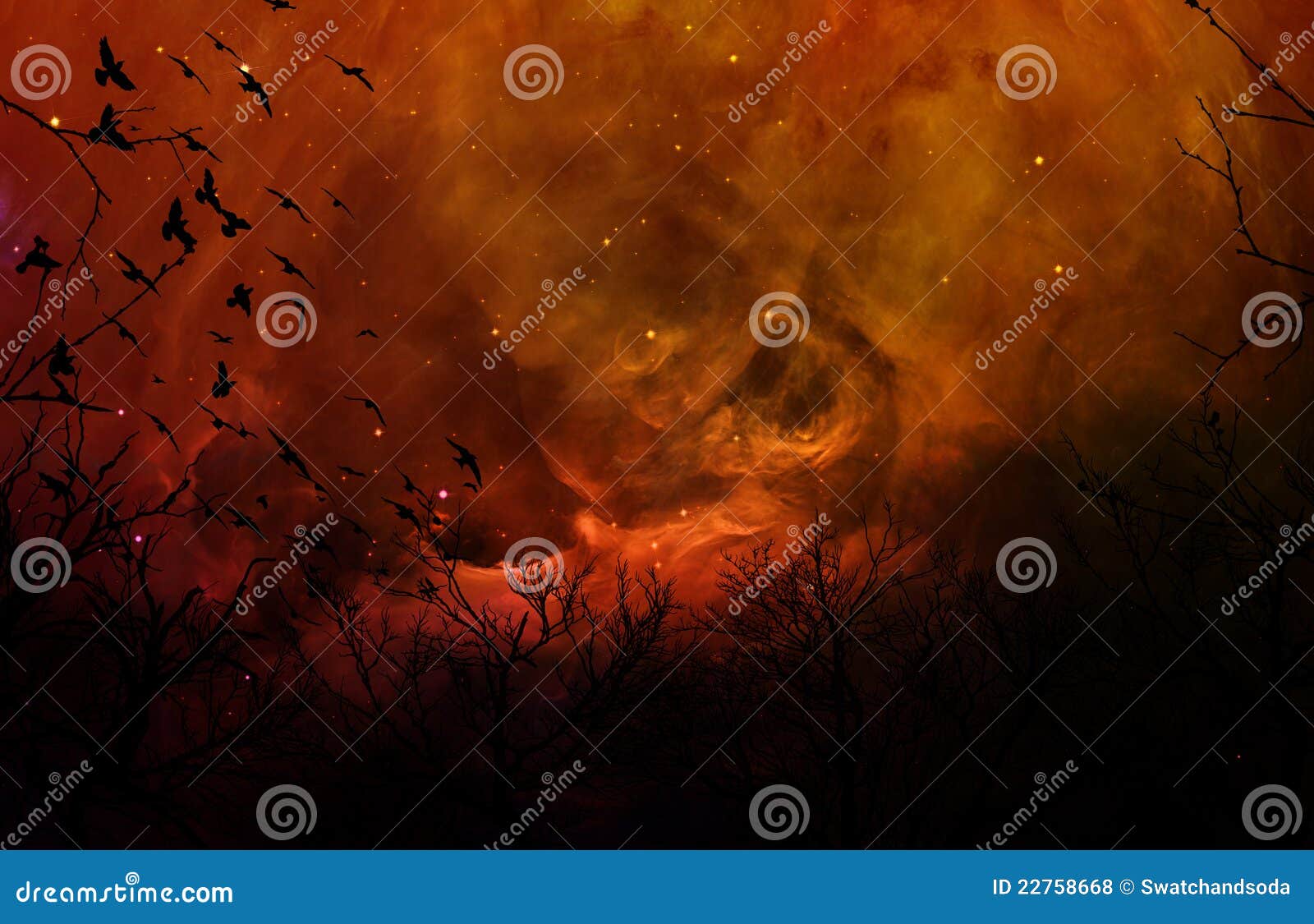 Eerie Silhouette Forest in Orange Night Sky Stock Photo - Image of ...