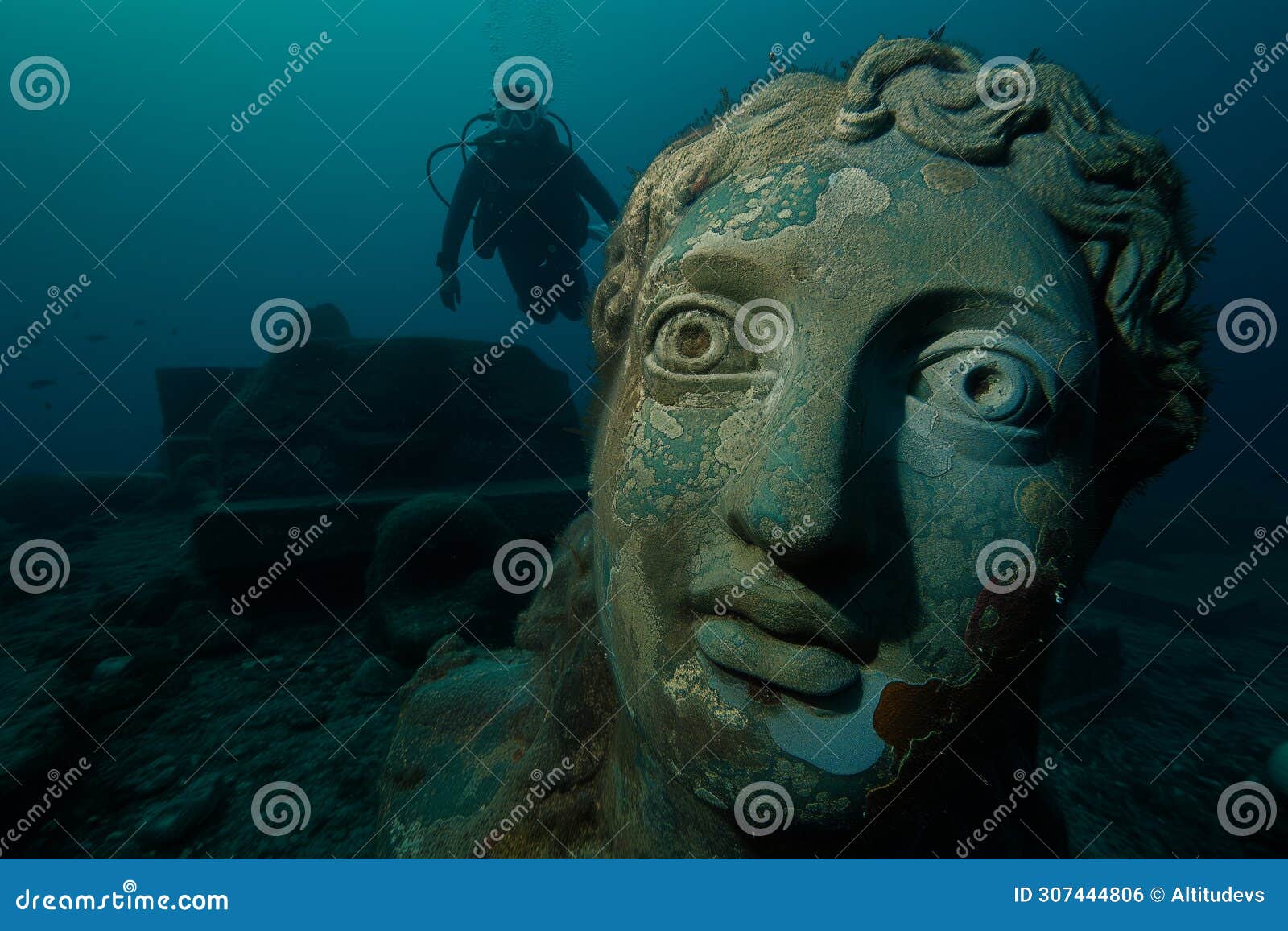 Eerie Statue of a Face with a Scuba Diver Behind it Stock Photo - Image ...