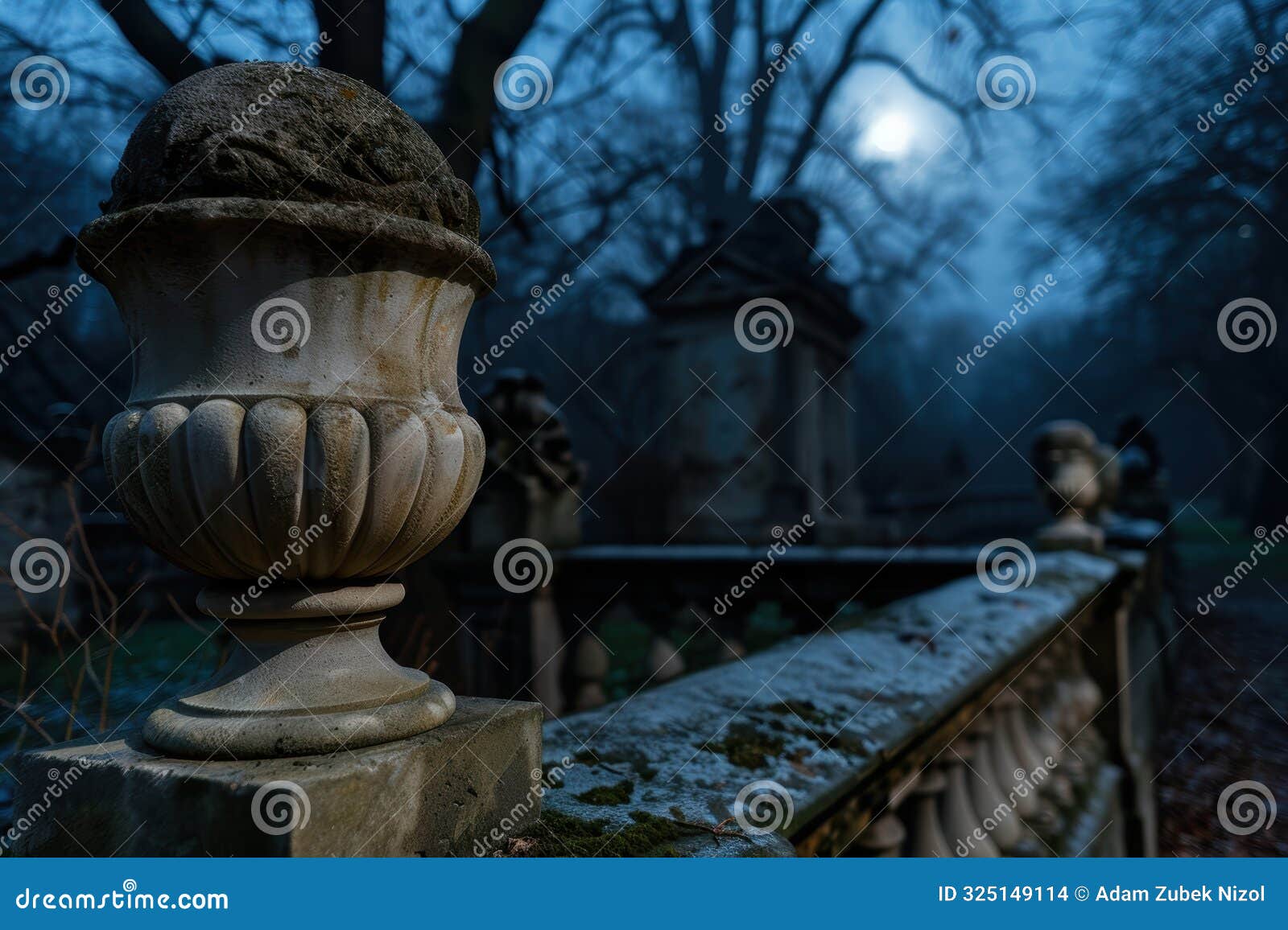 Eerie Stone Mansion With Glowing Windows In A Foggy Forest At Night ...