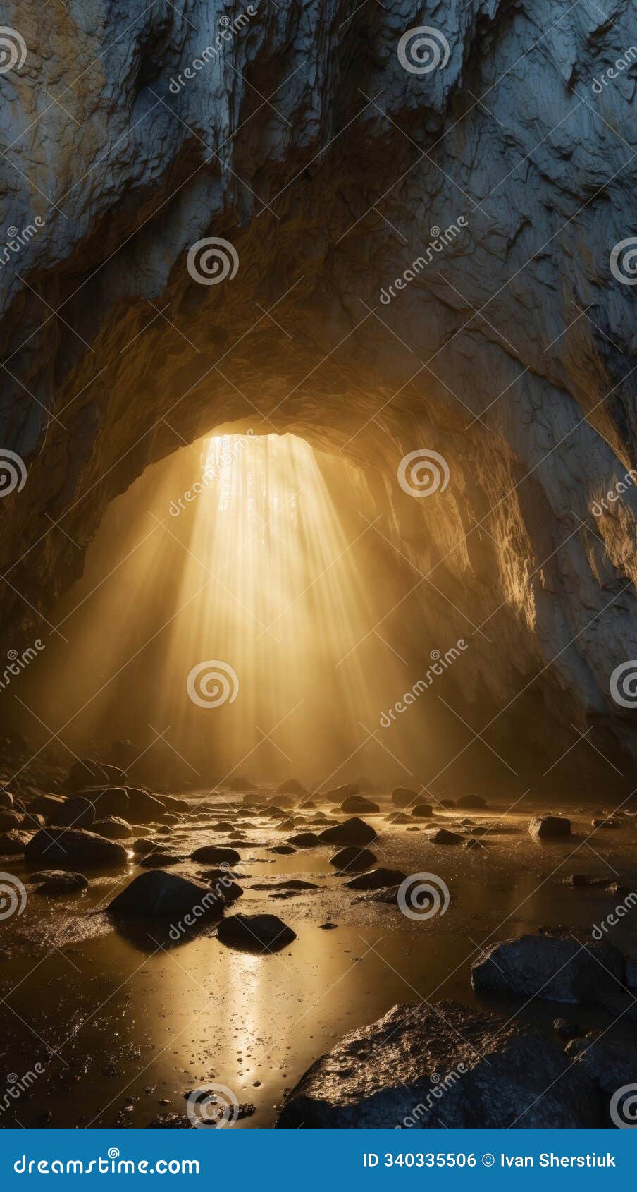 Eerie Underground Cave Illuminated by Sun Rays with Mist on Rocky ...