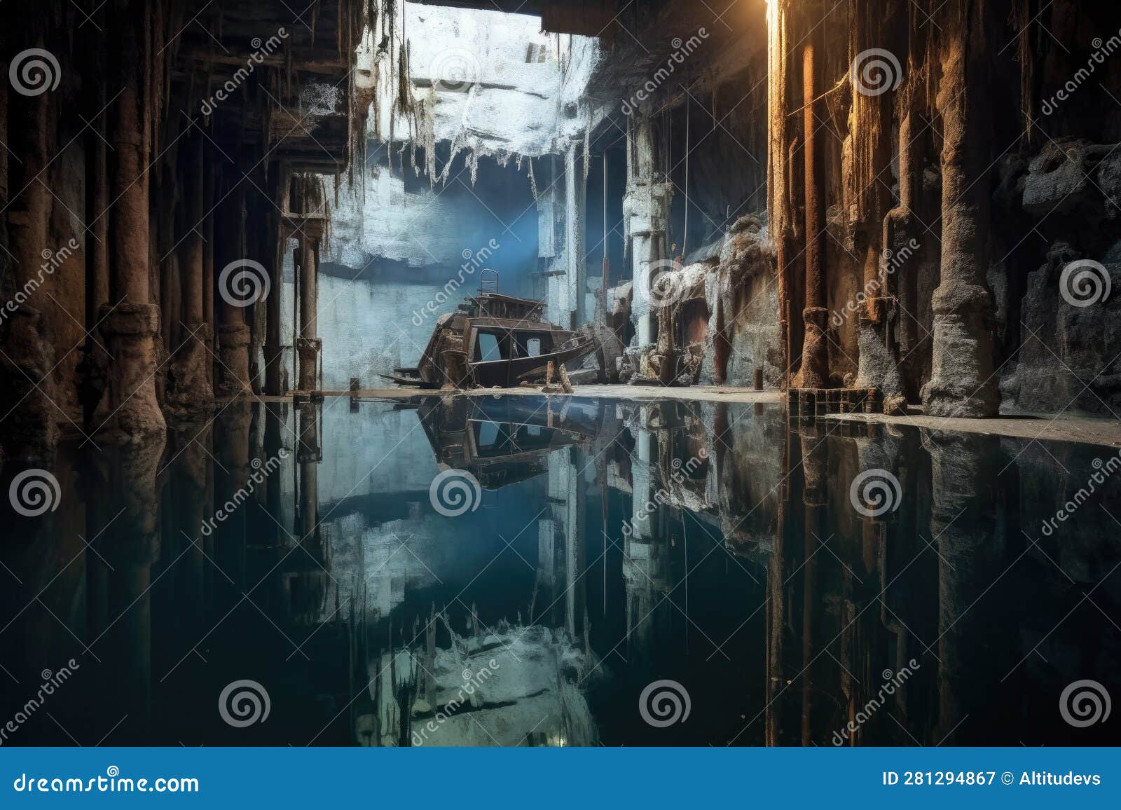 Eerie Underground Lake in Abandoned Mine Stock Illustration ...