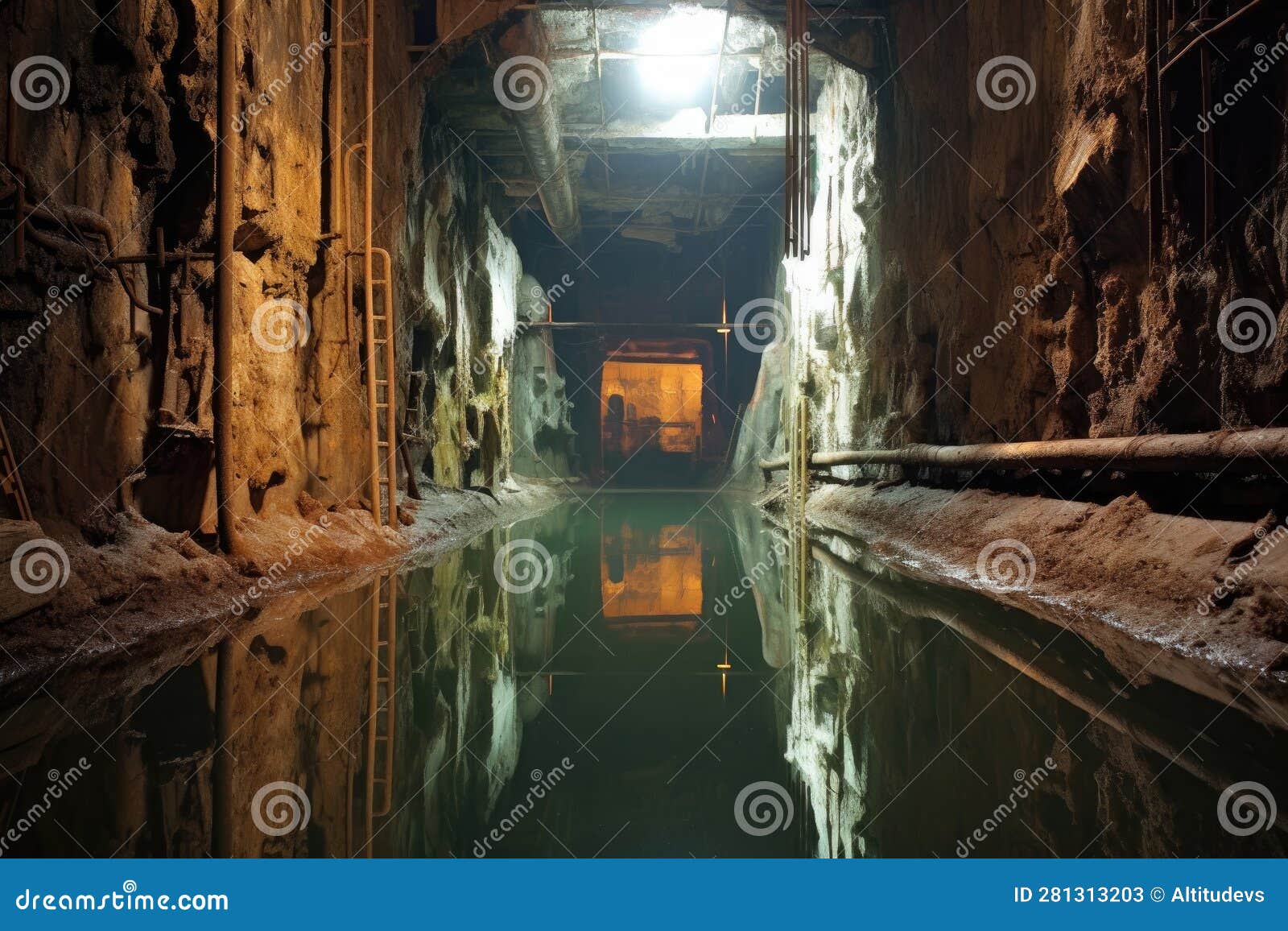 Eerie View of Flooded Underground Mine Chamber Stock Image - Image of ...