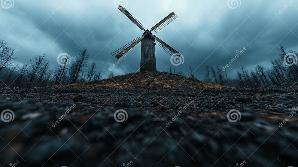Eerie Windmill on a Stormy Hill Stock Illustration - Illustration of ...
