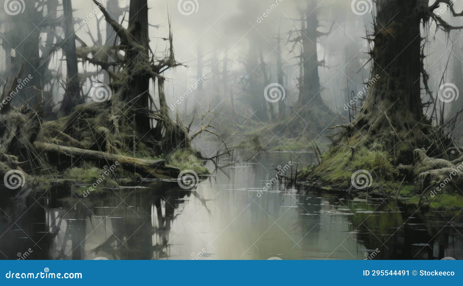 Eerily Realistic Swamp Painting with Water and Trees Stock Illustration ...