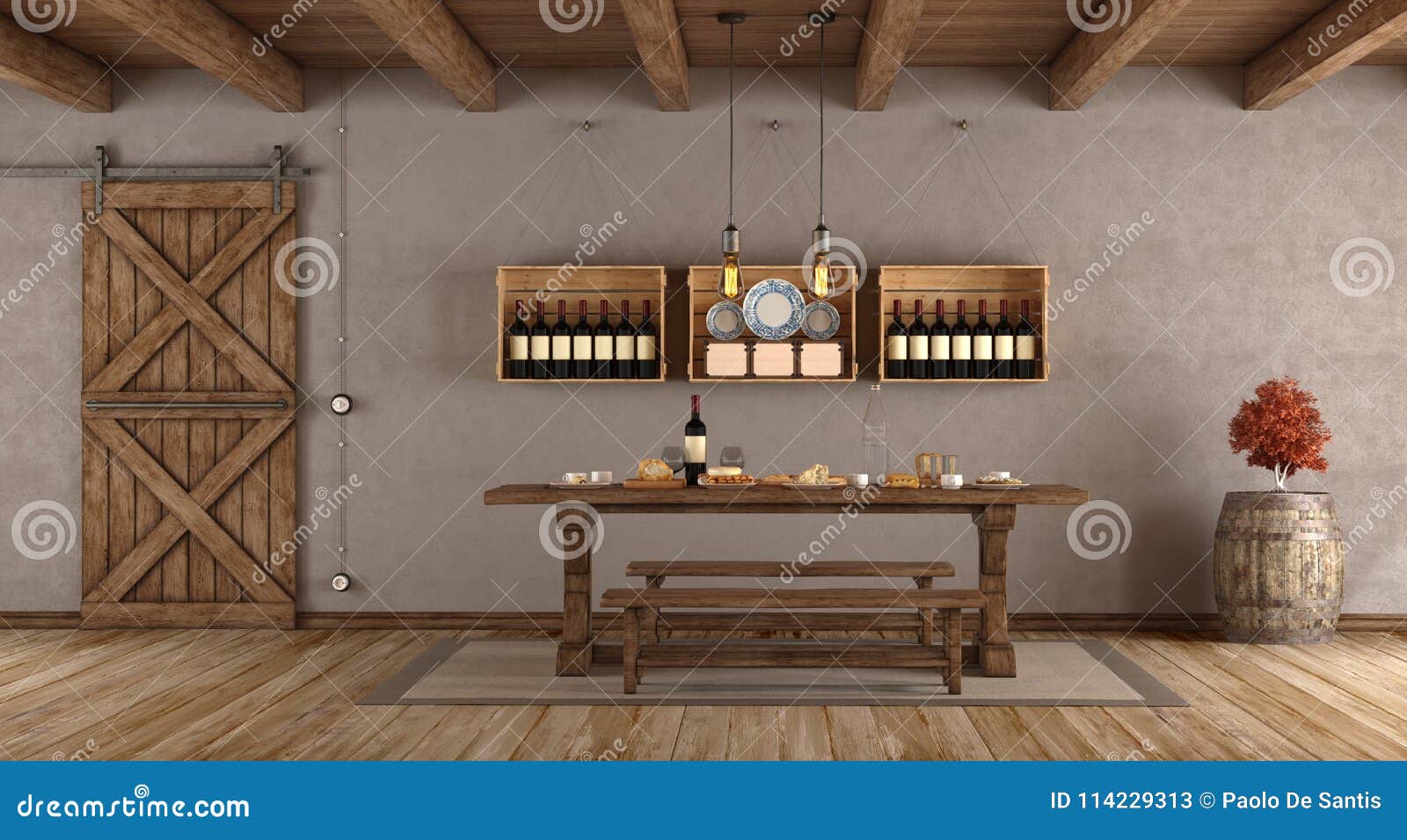 Eetkamer in rustieke stijl stock illustratie. Illustration of voedsel ...