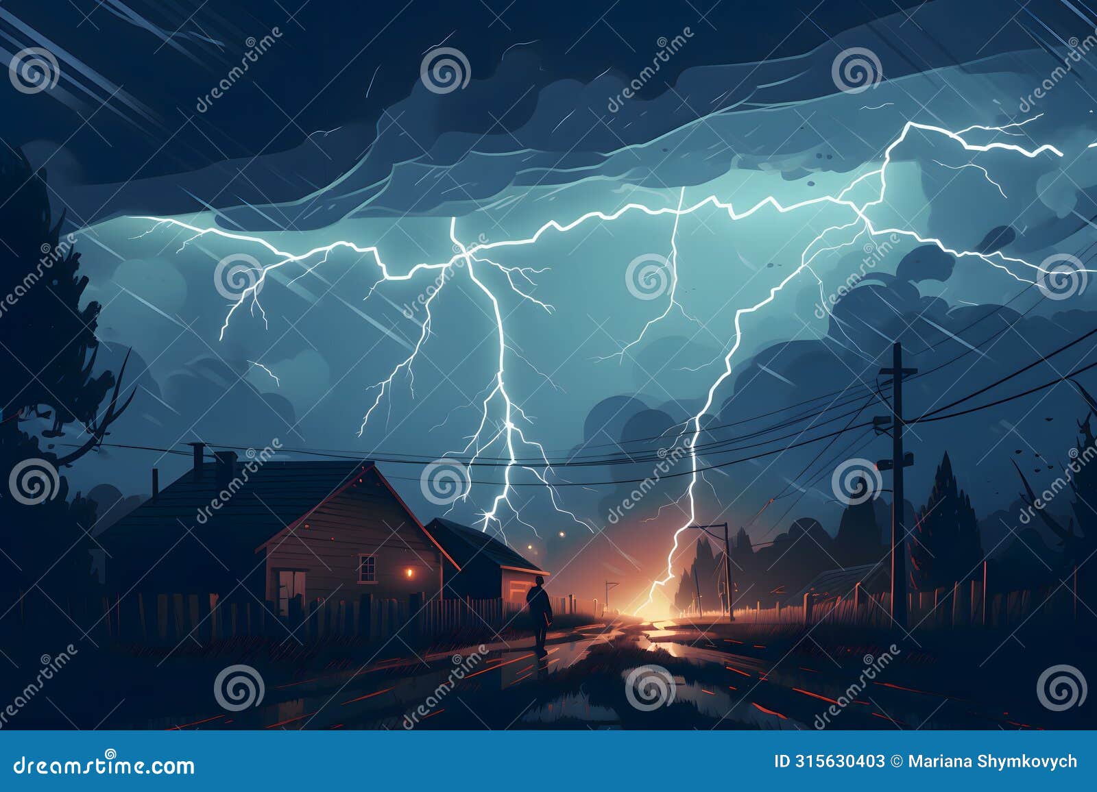 Effect of Lightning Strike and Sparks Over the City in Cartoon Style ...