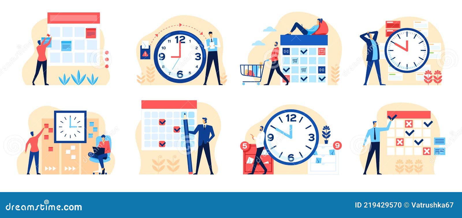 Effective Time Management. People with Clock, Calendar Stock Vector ...