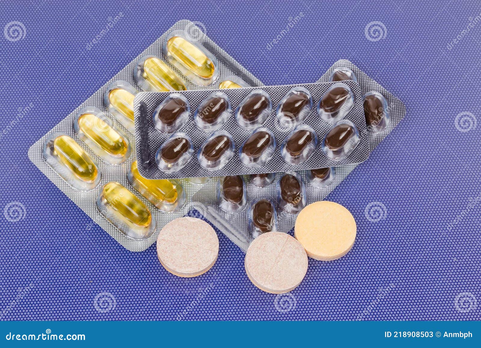 Effervescent Tablets, Different Capsules in Blister Packing on Blue ...