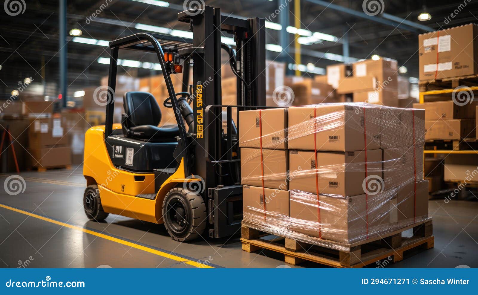 Efficiency in Action: Forklift Handling Pallets and Boxes Stock Image ...