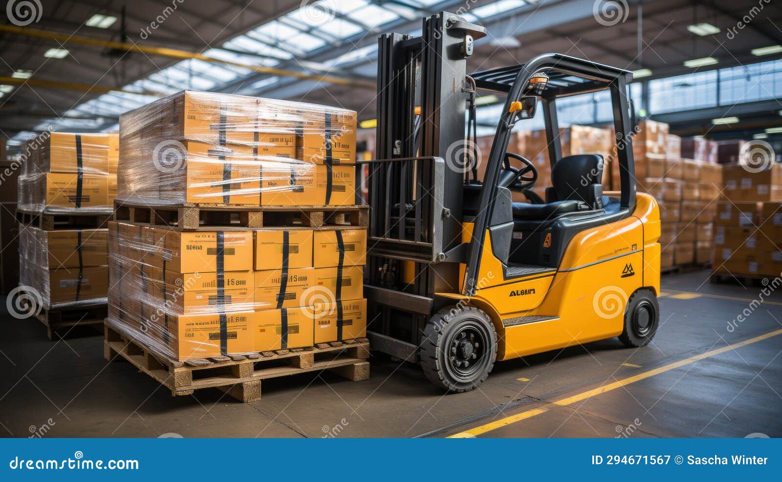 Efficiency in Action: Forklift Handling Pallets and Boxes Stock Image - Image of truck ...
