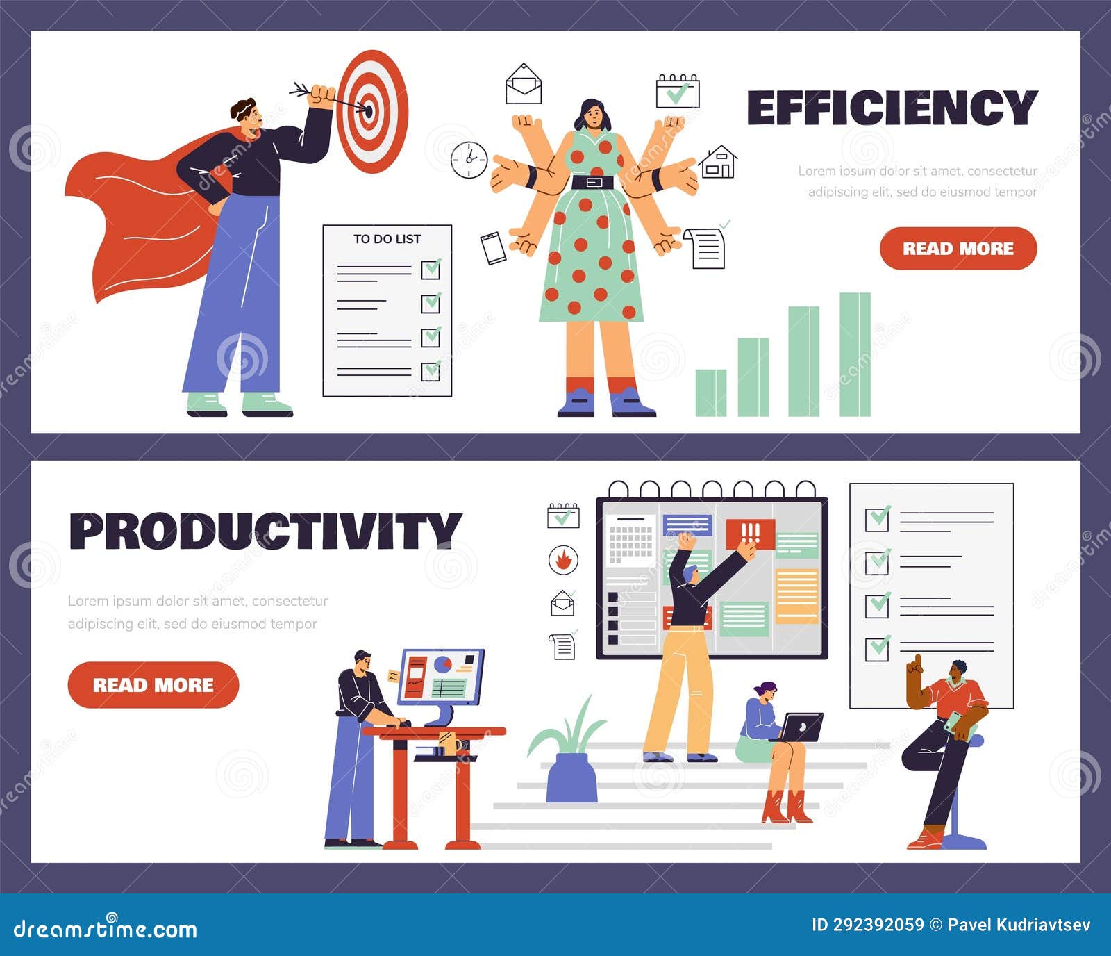 Efficiency and Productivity at Work, Web Banners Set Flat Vector ...
