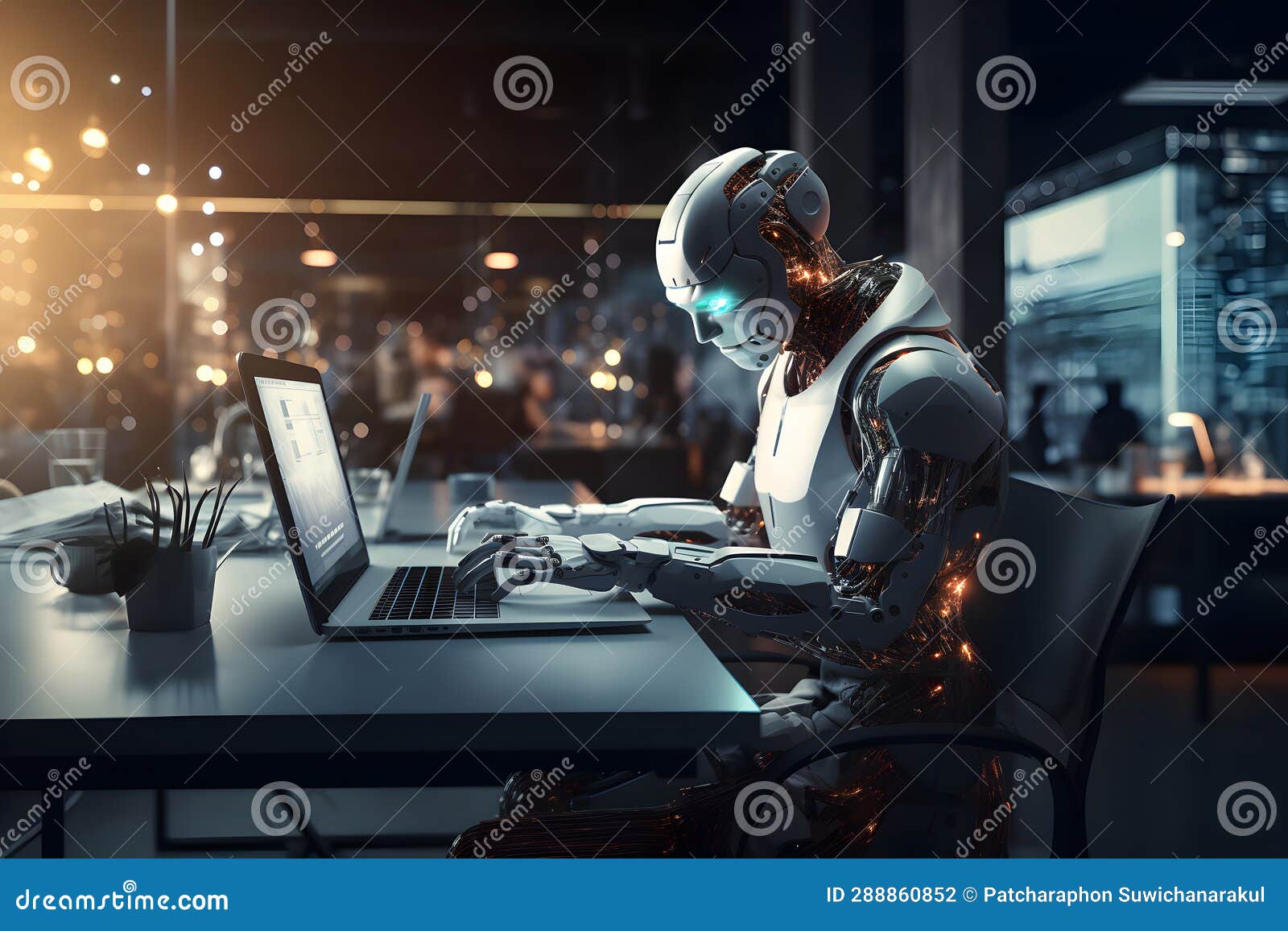 Efficient AI Robot Working on Laptop in the Office. Business and ...