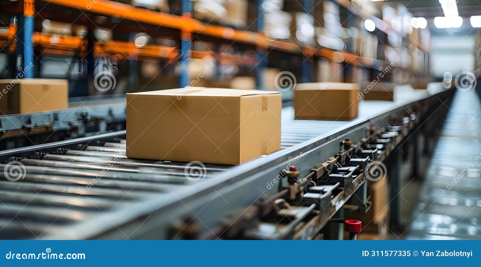 Boxes Move On Conveyor Belt In Logistics Warehouse. Efficient ...