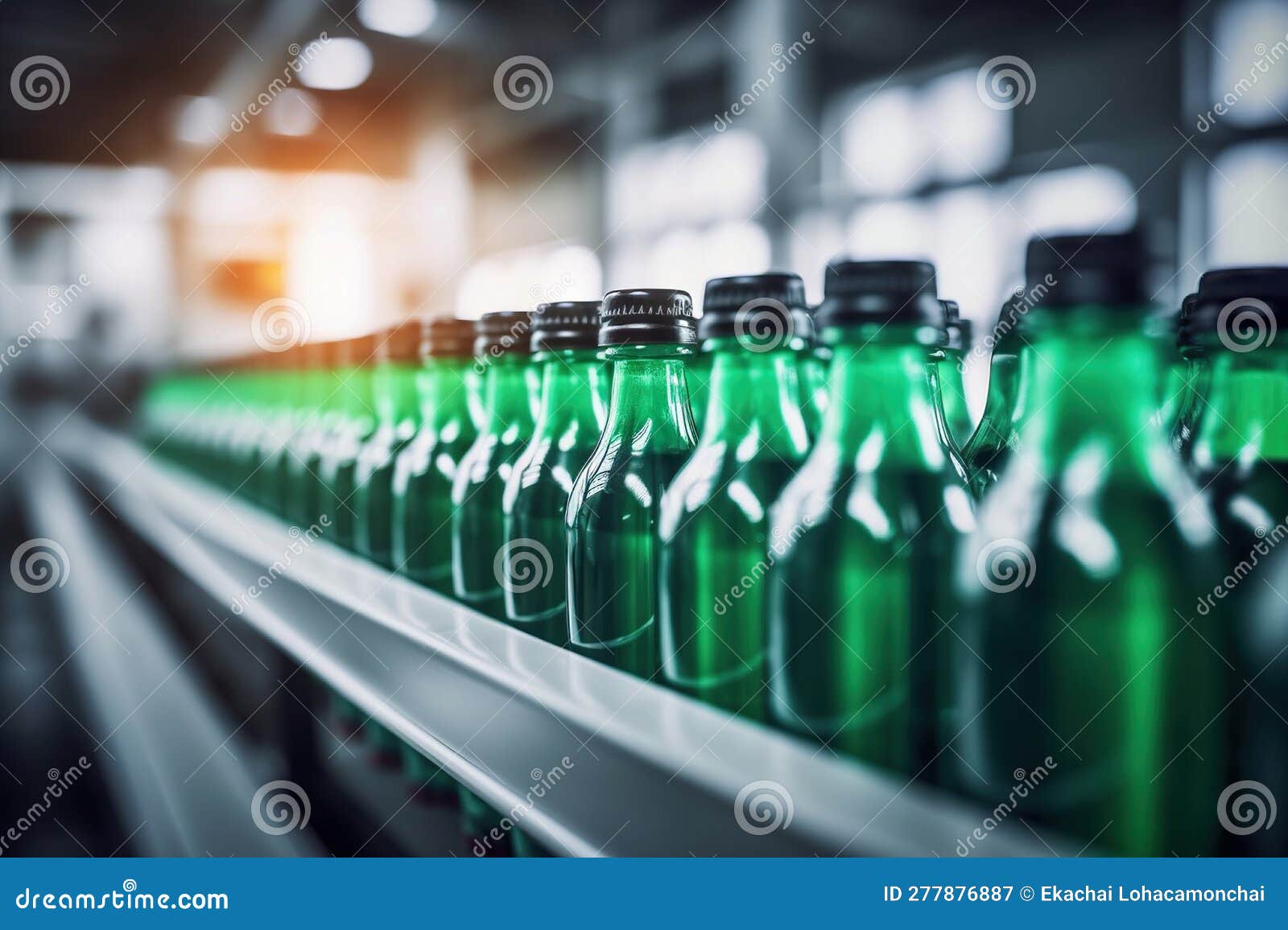 Efficient Bottling Process: Line of Beverages Bottled in Plastic ...
