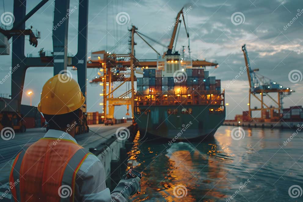 Efficient Cargo Loading at Busy Port during Twilight Hours. Stock ...