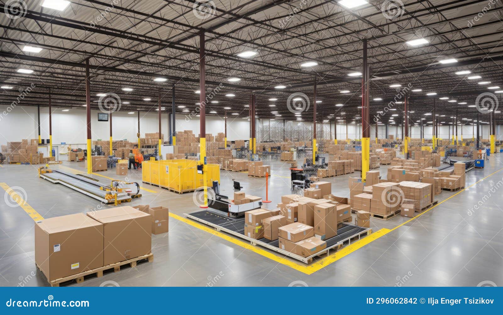 Efficient Conveyor System Moving Cardboard Boxes in Busy Warehouse ...