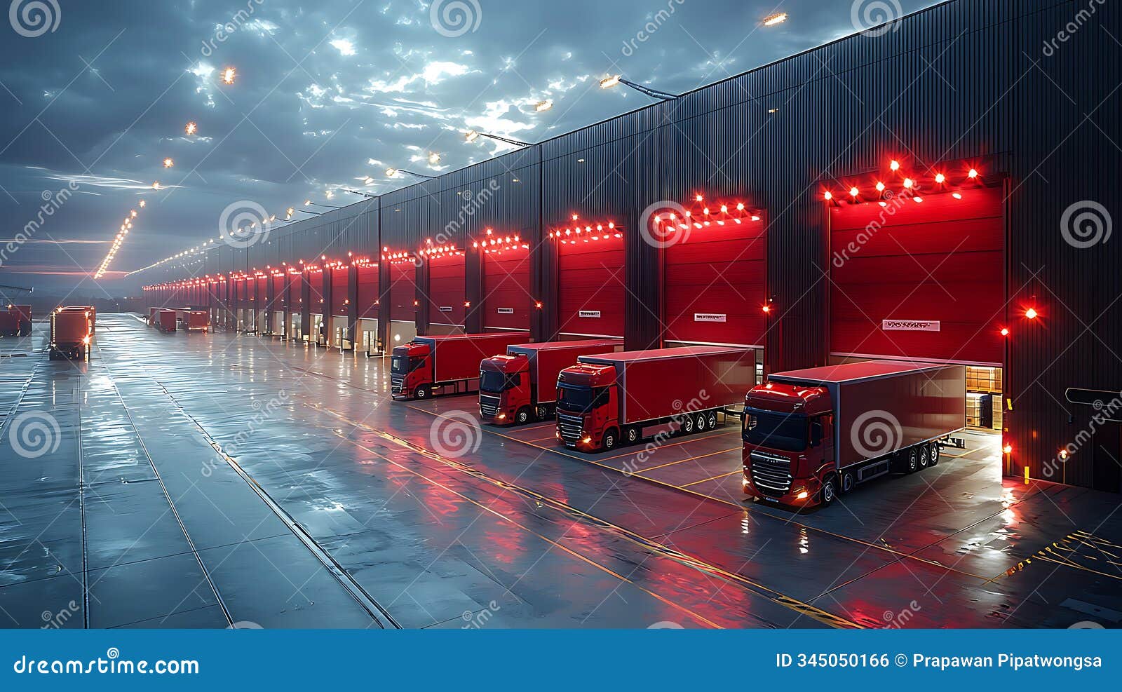 Efficient Cross Docking Facility with Red Trucks Lined Up for Loading ...
