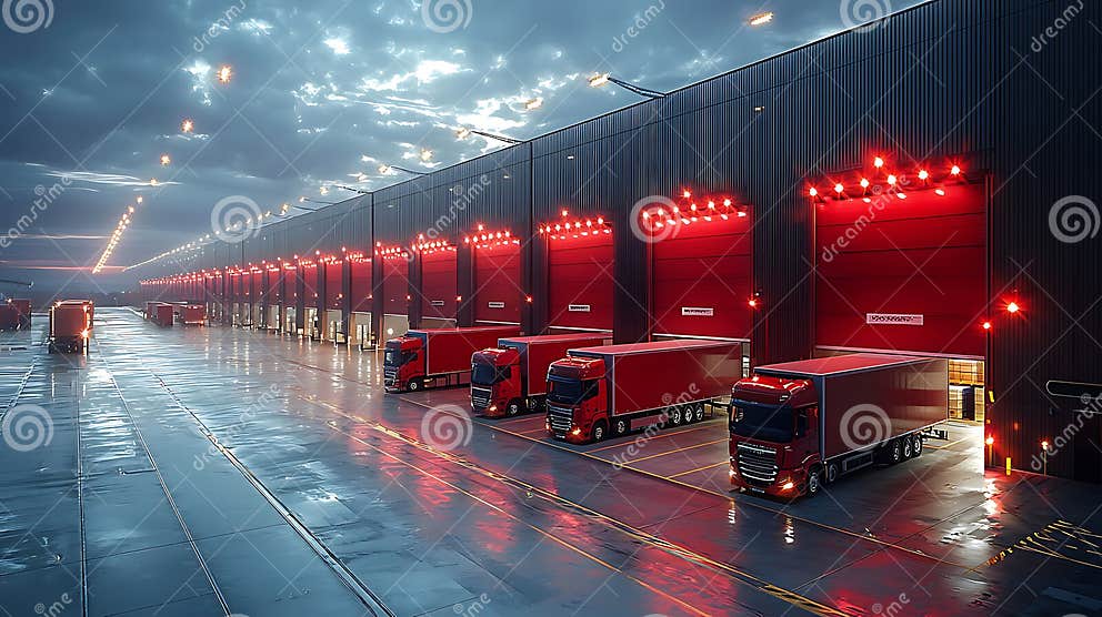 Efficient Cross Docking Facility with Red Trucks Lined Up for Loading ...