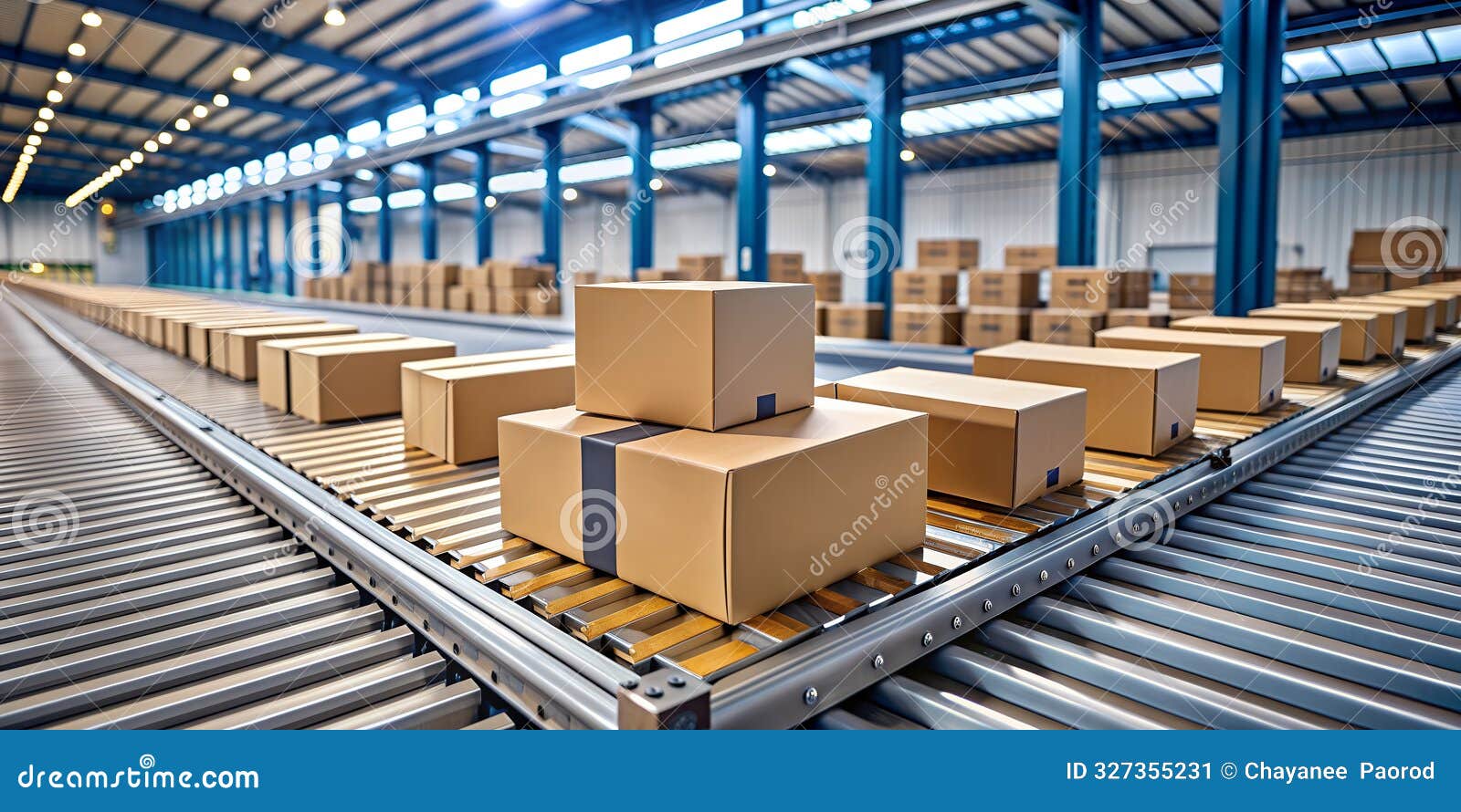 Efficient Handling Boxes Glide Along a Conveyor Belt in a Warehouse ...