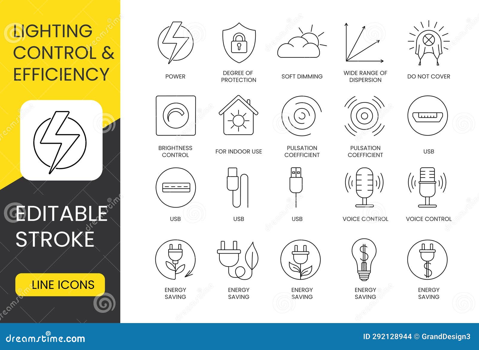 Efficient Lighting and Control Set of Line Icons in Vector, Editable ...