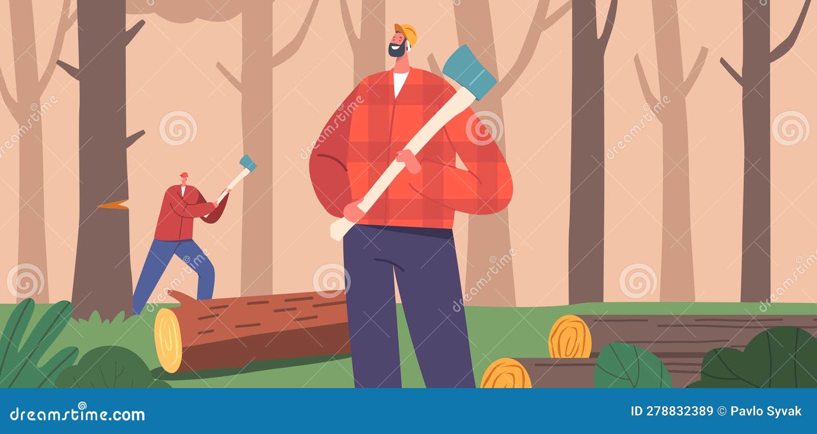 Efficient Lumberjack Team Characters Expertly Cutting Wood, Displaying ...