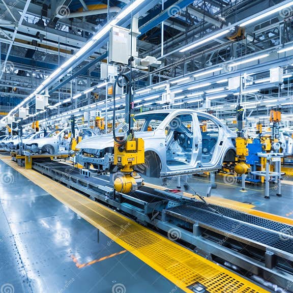 Efficient and Productive Modern Car Assembly Line in a Bustling Factory ...