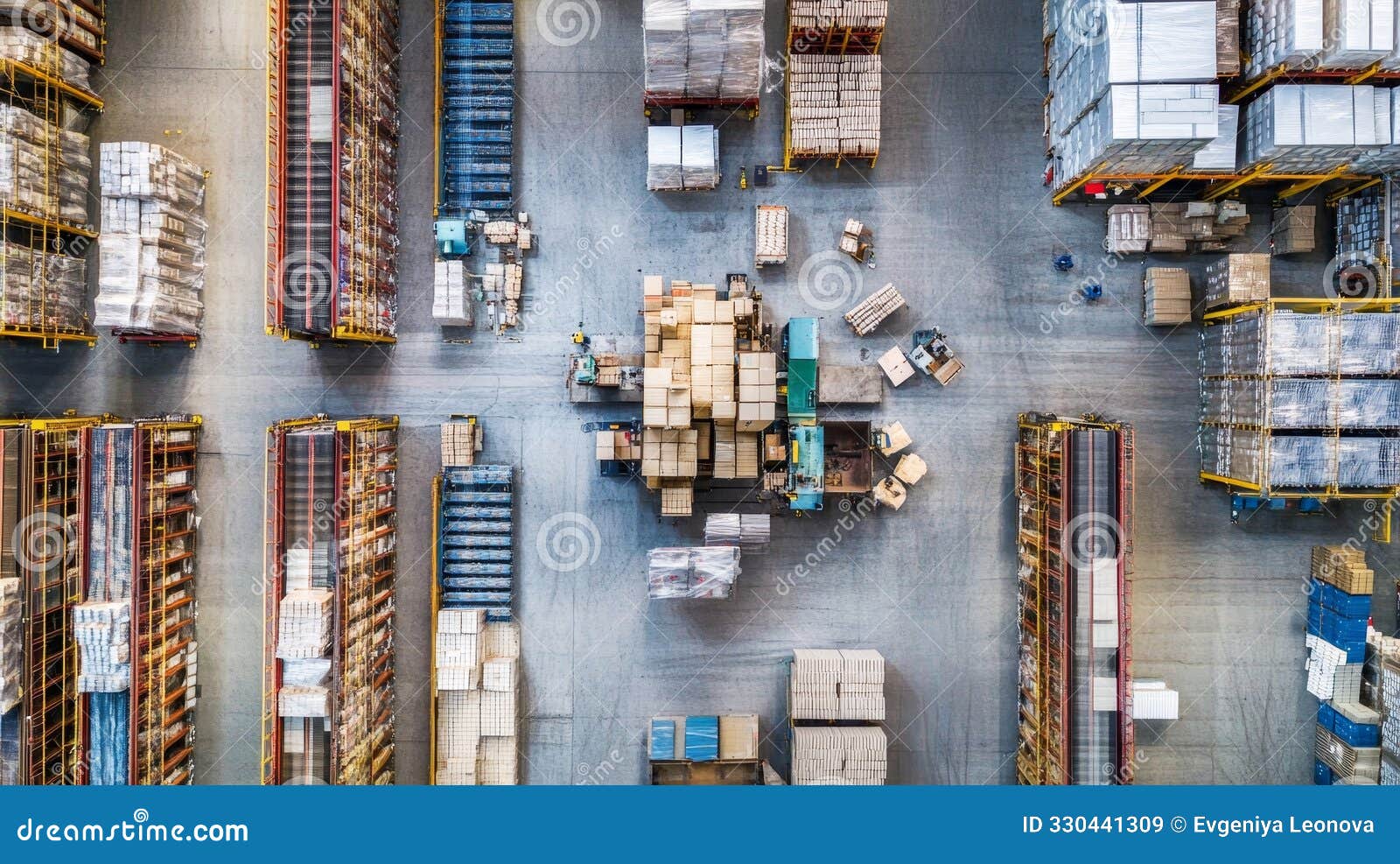 Efficient Warehouse Aerial View Conveyor Belt System and Dynamic Goods ...