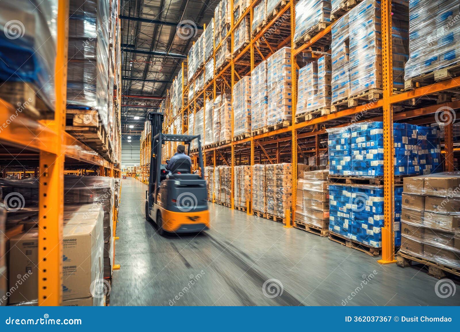 Efficient Warehouse with Forklifts Moving Pallets, Organized Inventory ...