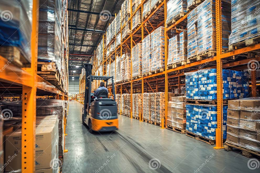 Efficient Warehouse with Forklifts Moving Pallets, Organized Inventory ...