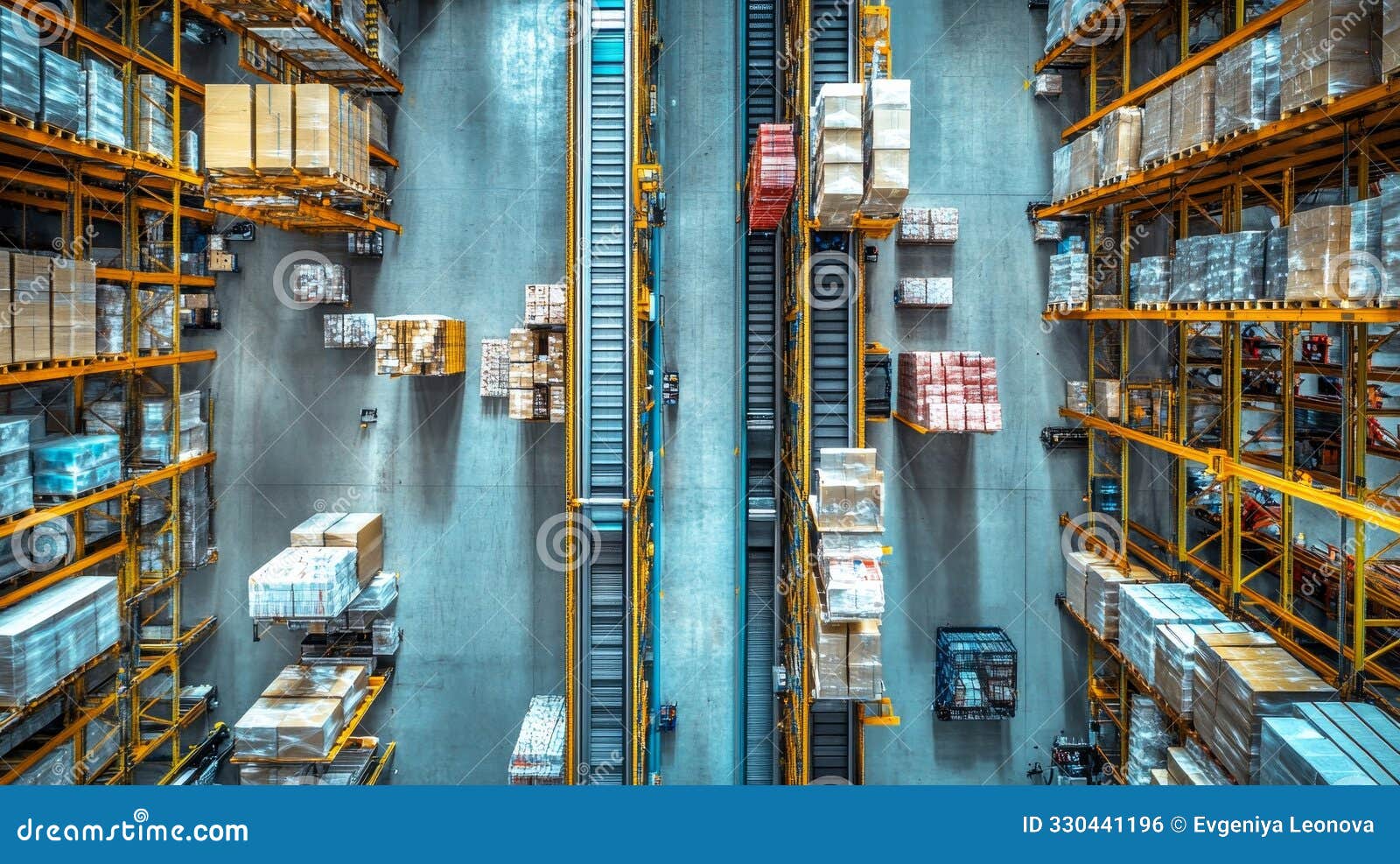 Efficient Warehouse Operations Aerial View of Dynamic Conveyor Belt ...