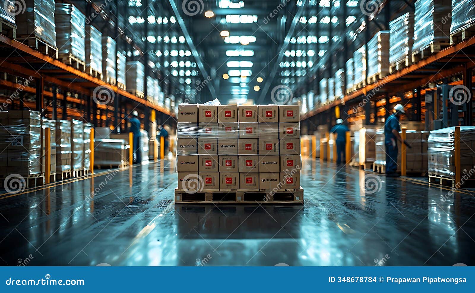Efficient Warehouse with Stacked Pallets and Workers Organizing ...