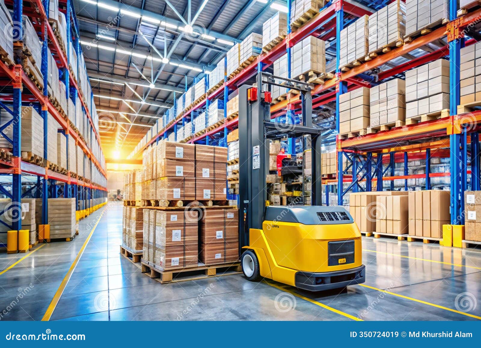 Efficient Warehouse Storage System with Forklift and Shelving for Goods ...