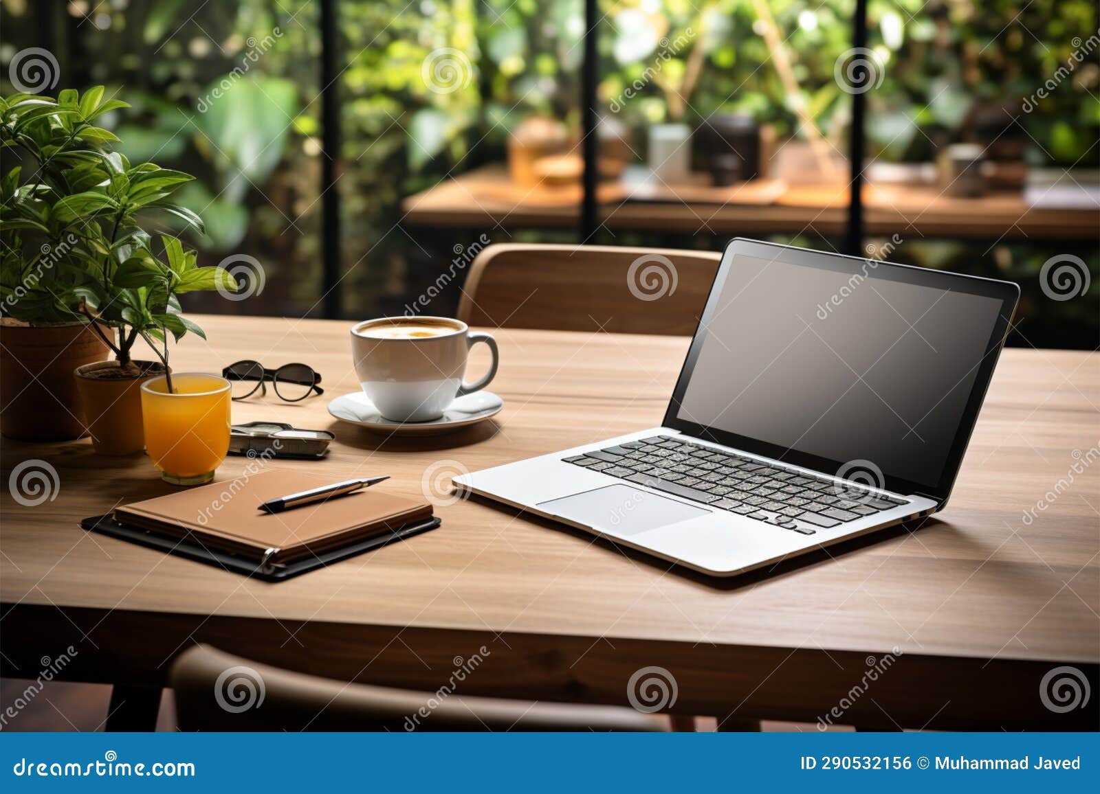 Efficient Workspace with Laptop, Coffee, Notebook, Houseplant on Wooden ...