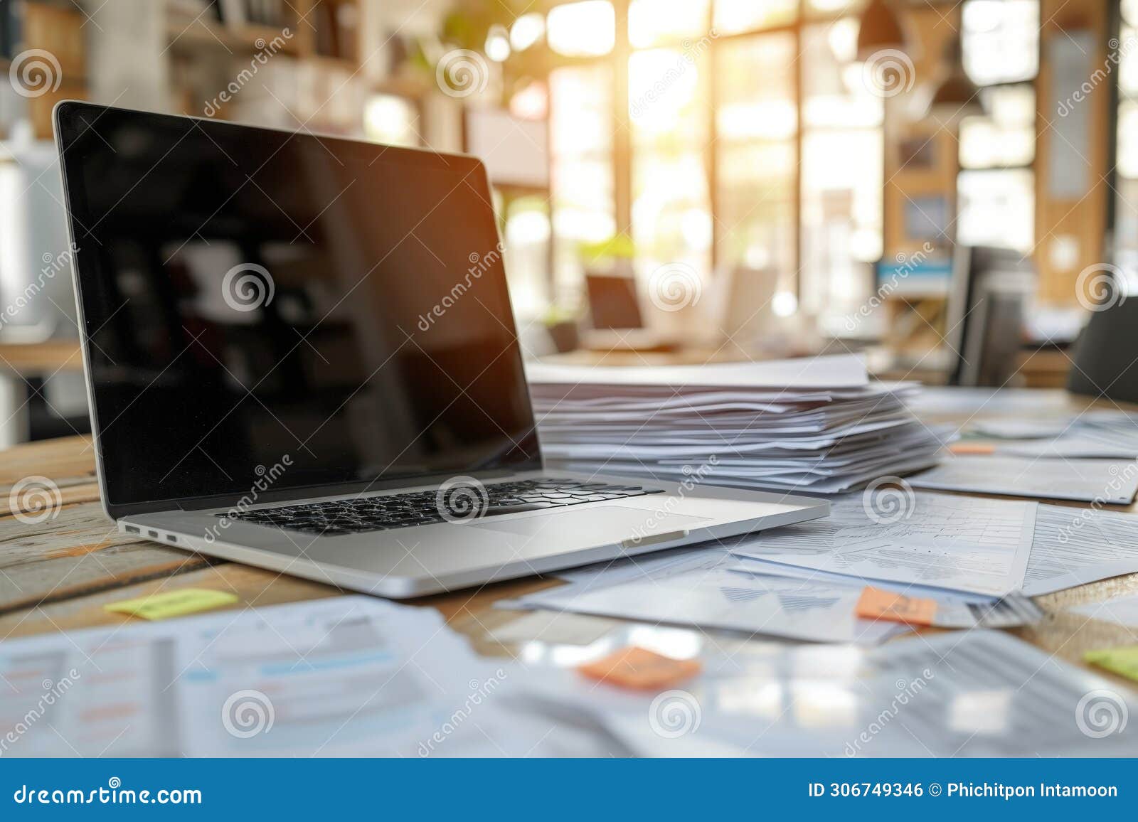 Efficient Workspace Laptop and Piles of Documents on Modern Desk .AI ...