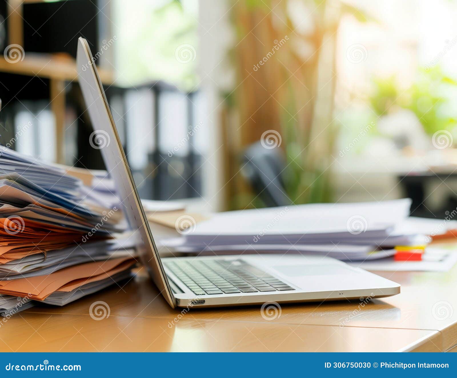 Efficient Workspace Laptop and Piles of Documents on Modern Desk .AI ...