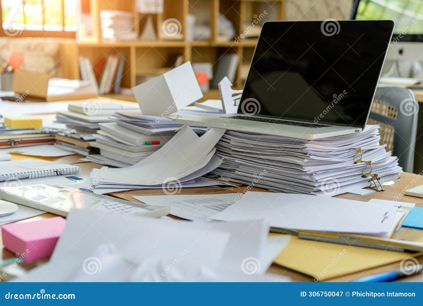 Efficient Workspace Laptop and Piles of Documents on Modern Desk .AI ...