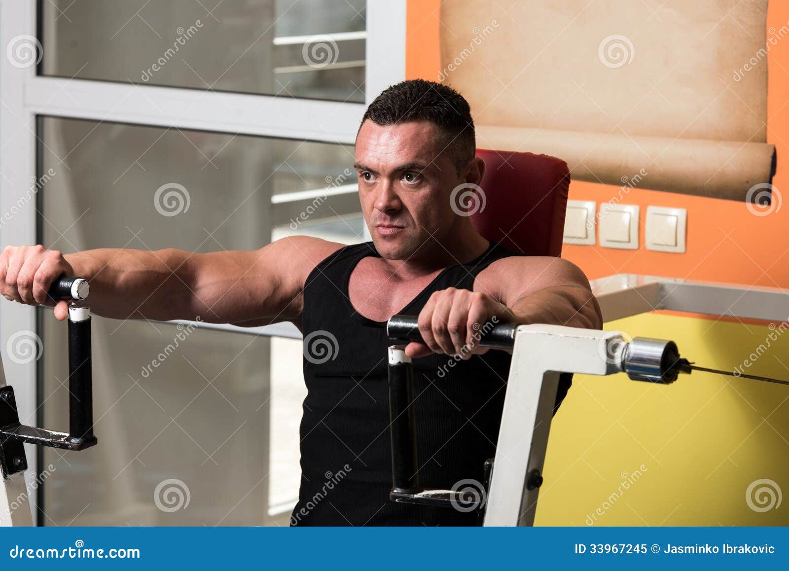 Effort on the Bench Press Exercise Machine Stock Image - Image of ...