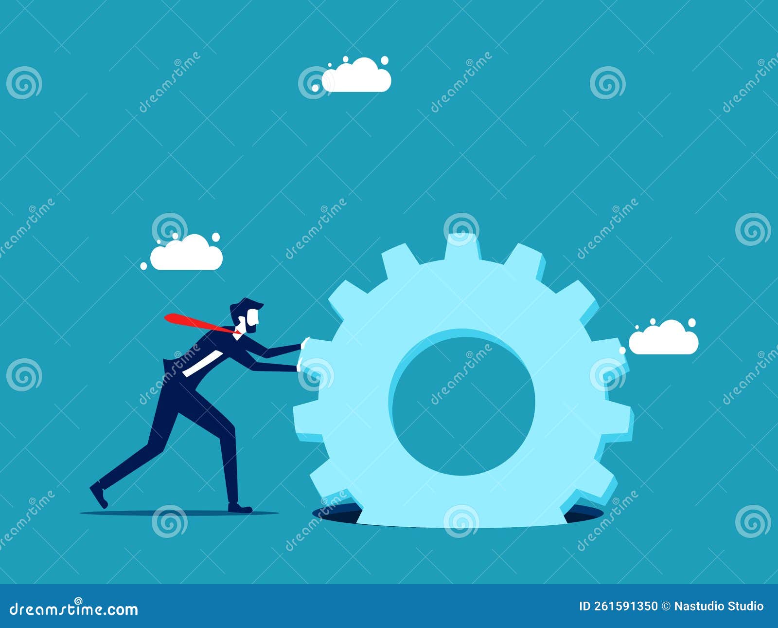 Effort. Hard Working Businessman Pushing a Cog Stuck in a Hole Stock ...