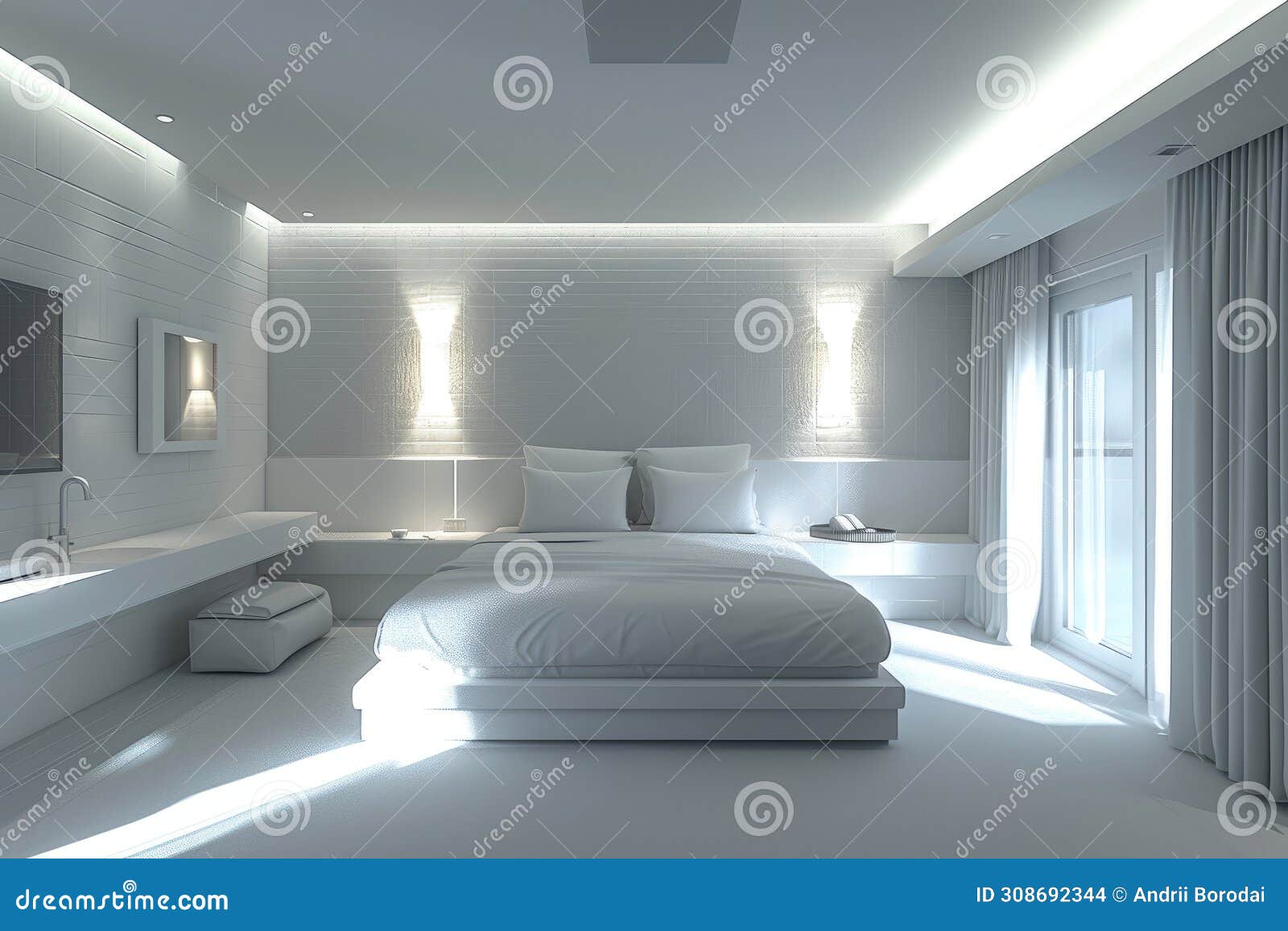 A Minimalist Hotel Room With Clean Lines, A Neutral Color Palette Stock ...
