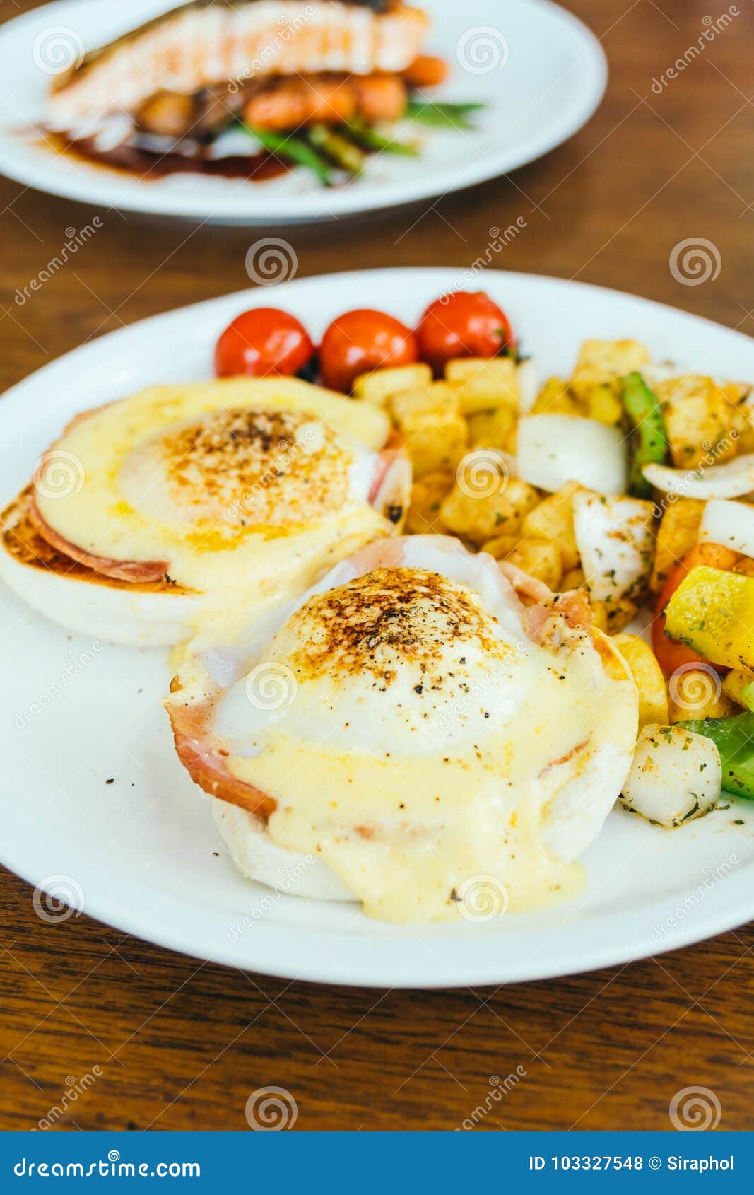 Egg Benedict with Vegetable for Breakfast Stock Photo - Image of wood ...