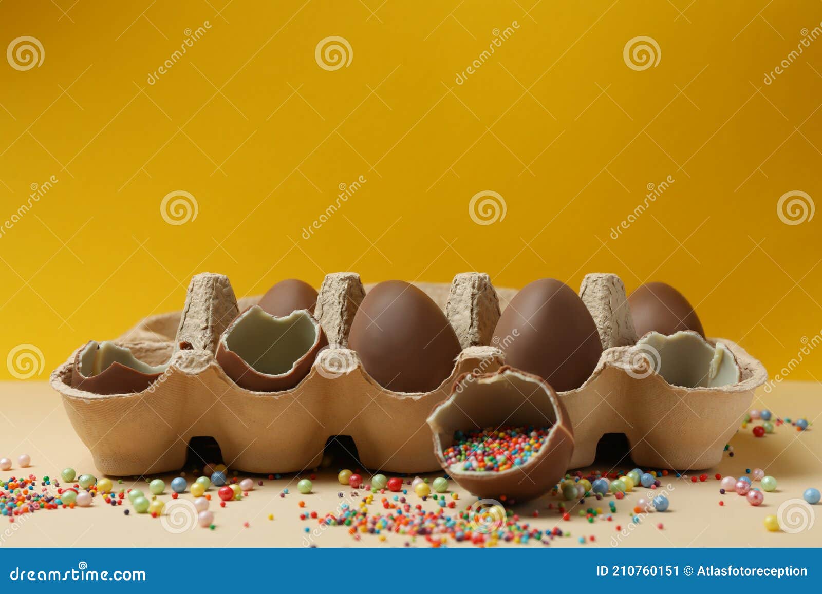Egg Box with Chocolate Eggs with Sprinkles on Beige Table Stock Image ...
