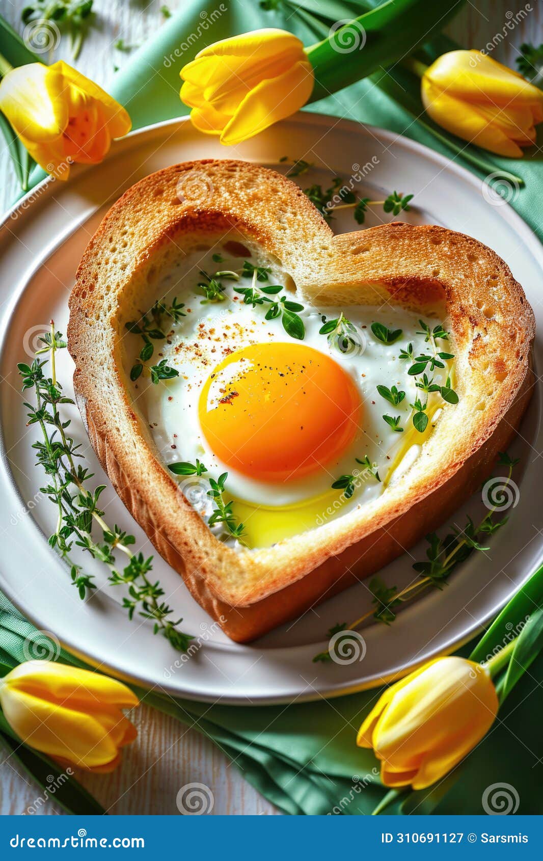 Egg Fried in Heart-shaped Toast, Garnished with Herbs on a White Plate ...