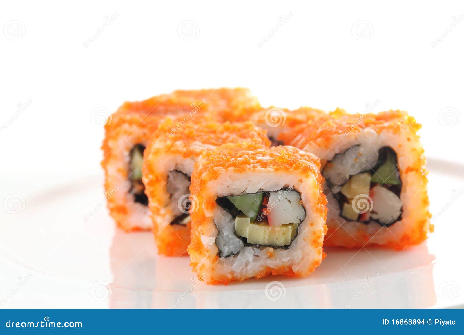 Egg Imitation Salmon Roll Sushi Isolated Stock Photo - Image of fish ...