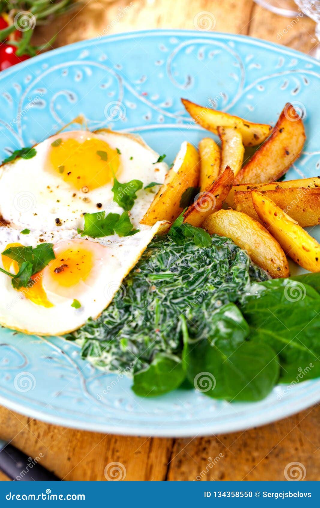 Egg Over Boiled Spinach on Blue Plate. Stock Photo - Image of appetizer ...