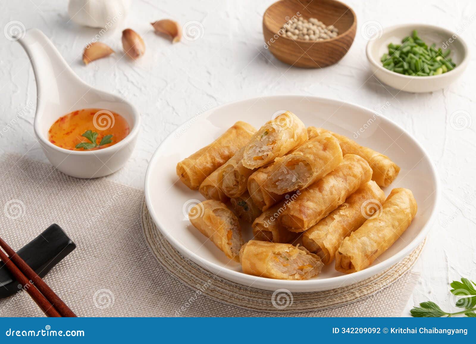 Egg Rolls,Deep Fried Glass Noodle Spring Rolls on White Plate. Stock ...