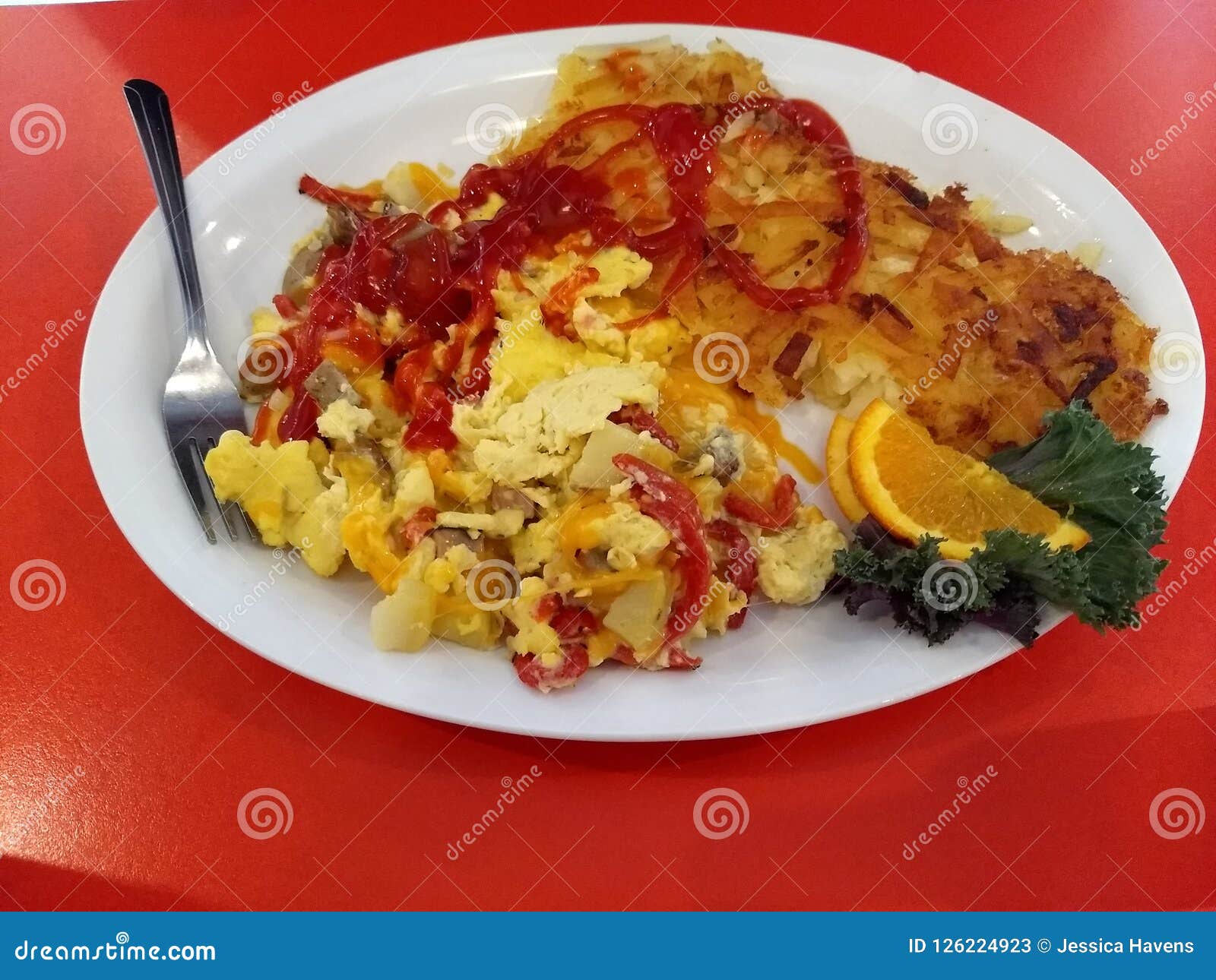 Breakfast Scramble stock image. Image of ketchup, fork - 126224923