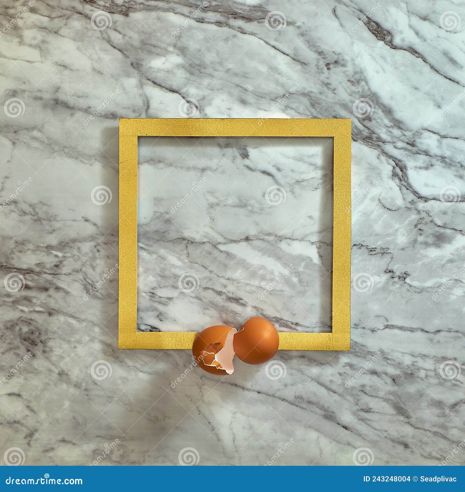 Egg Shells On A Gold Frame. Gray Marble Background. Text Space. Top View. Minimal Style. Food ...