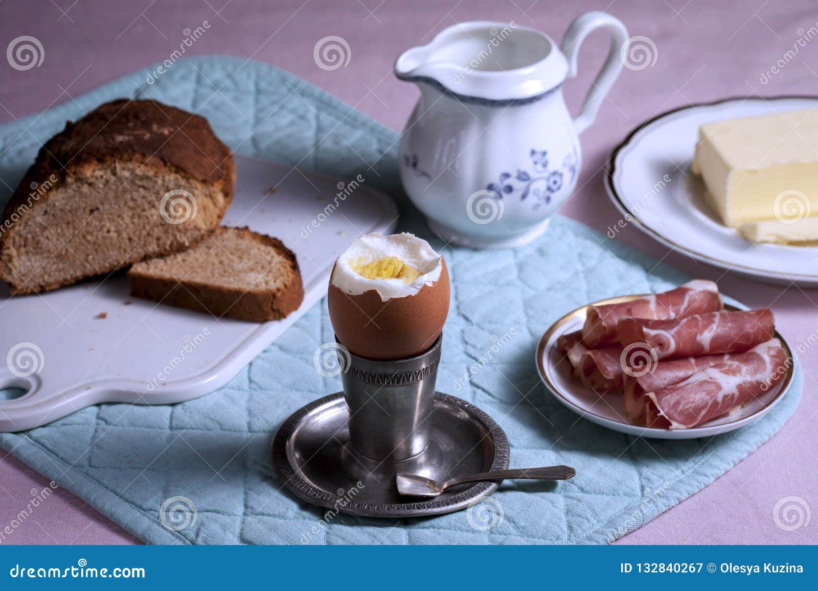 Egg on a Stand. Bread, Butter, Bacon and Cream Stock Image - Image of ...