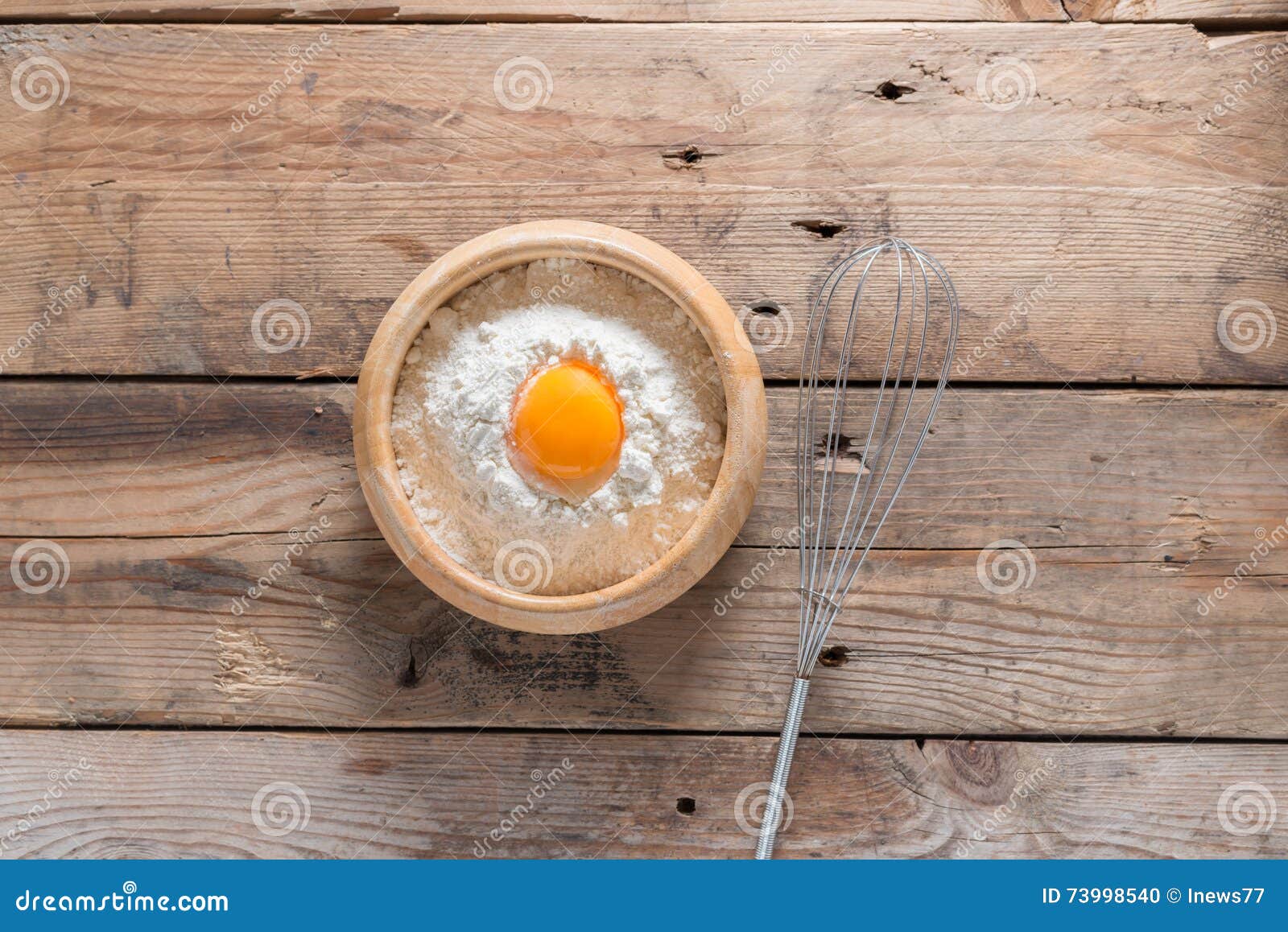 Egg Yolk in the Flour and Whip for Beating on Wood Table. Top Vi Stock ...